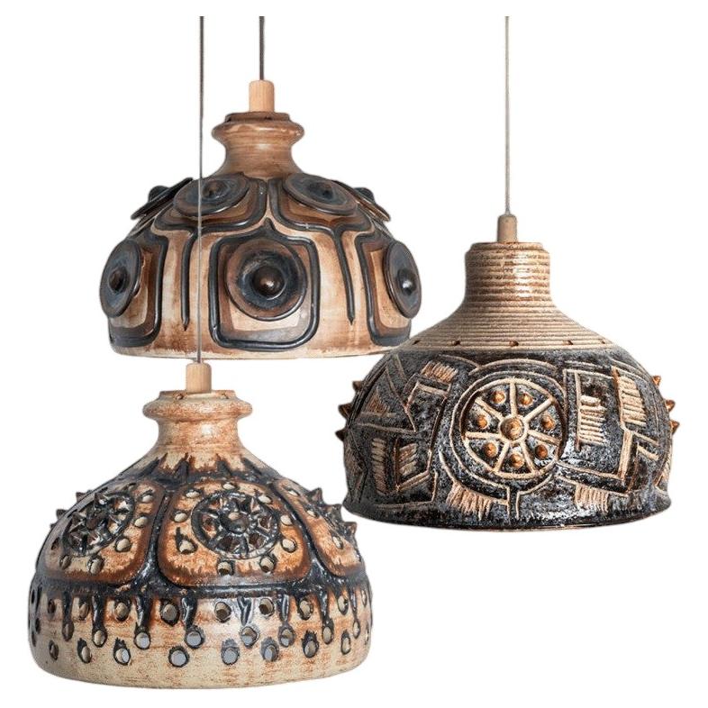 Flat Brown Ceramic Pendant Light, Denmark, 1970 For Sale at 1stDibs