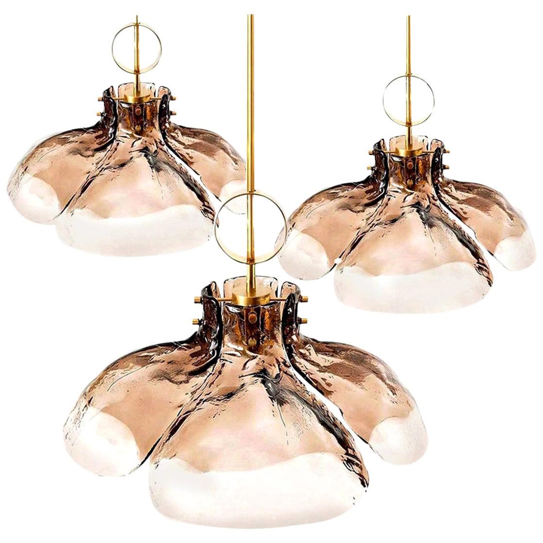Pair of Large Kalmar, Four-Petal Flower, Melting Glass Chandeliers ...