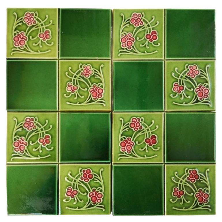 Mixed Relief Antique Panel of 25 Tiles by Gilliot Hemiksem, circa 1920 ...