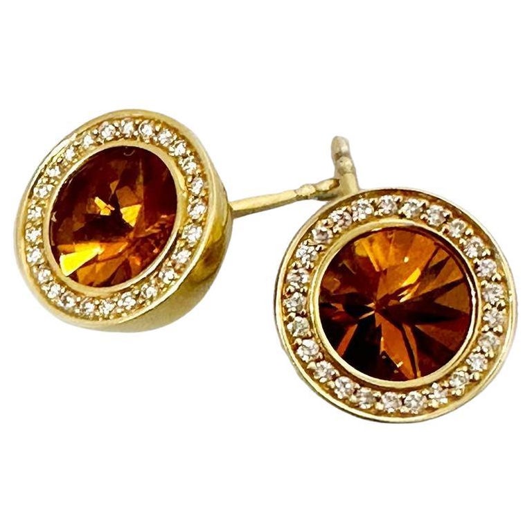 1 Pair Yellow Gold Earrings, Mandarin-Citrin, 50 Brilliants Fvs 0.25 Ct ...