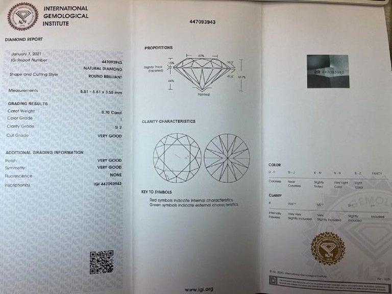 1 carat diamant naturel - 0,70 carat - rond - I - Certificat IGI En ...