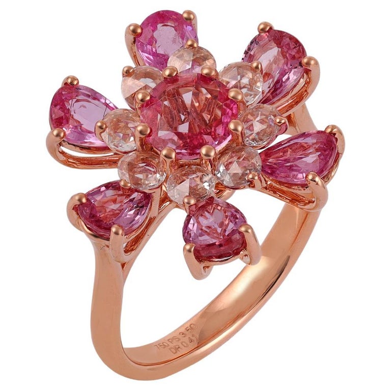 1 Round Pink Sapphire Surrounded by 6 Pear Shape Sapphire Ring For Sale ...