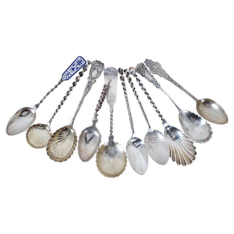 10 Antique Assorted Sterling Silver Twisted Scalloped Serving Spoons ...
