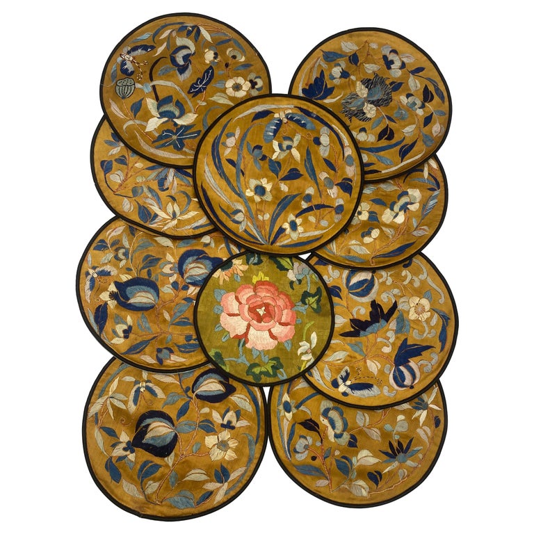 10 Antique Chinese Embroidered Silk Roundels For Sale at 1stDibs