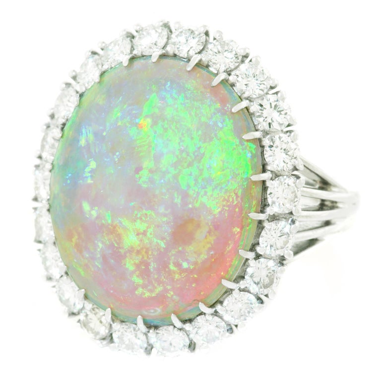 10 Carat Opal and Diamond Set Platinum Ring at 1stDibs | 10 carat opal ring