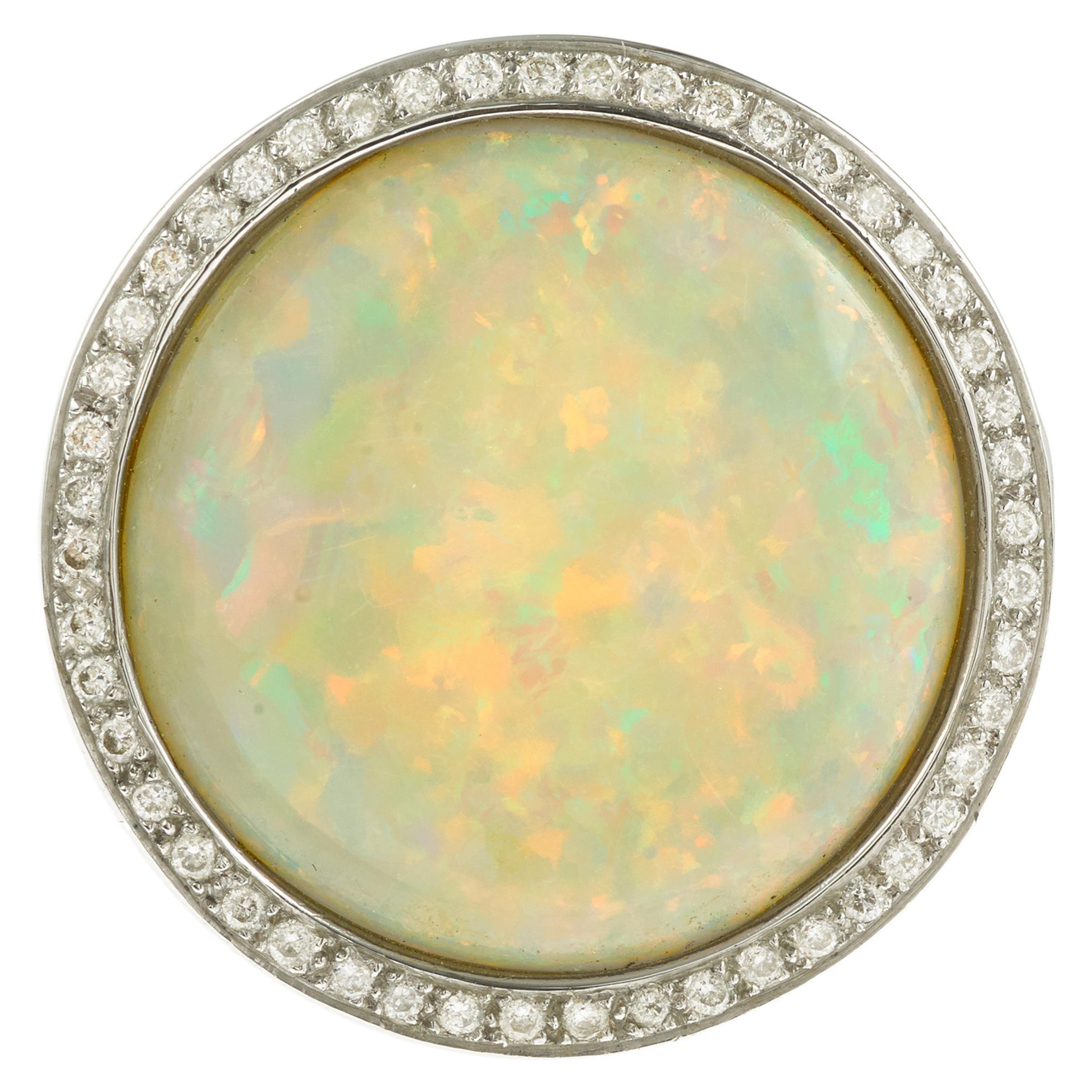 Round Opal and Diamond Cocktail Ring 18 Karat White Gold, Estate For ...