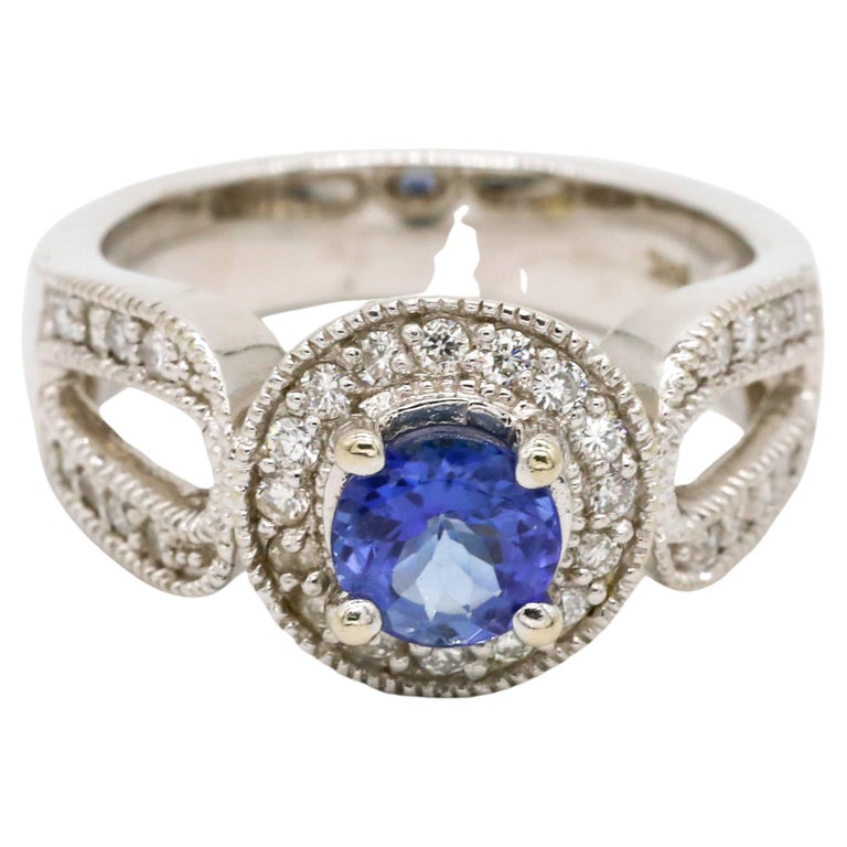 1.0 Carat Round Tanzanite 0.50 Carat Diamond 14 Karat White Gold Fine ...