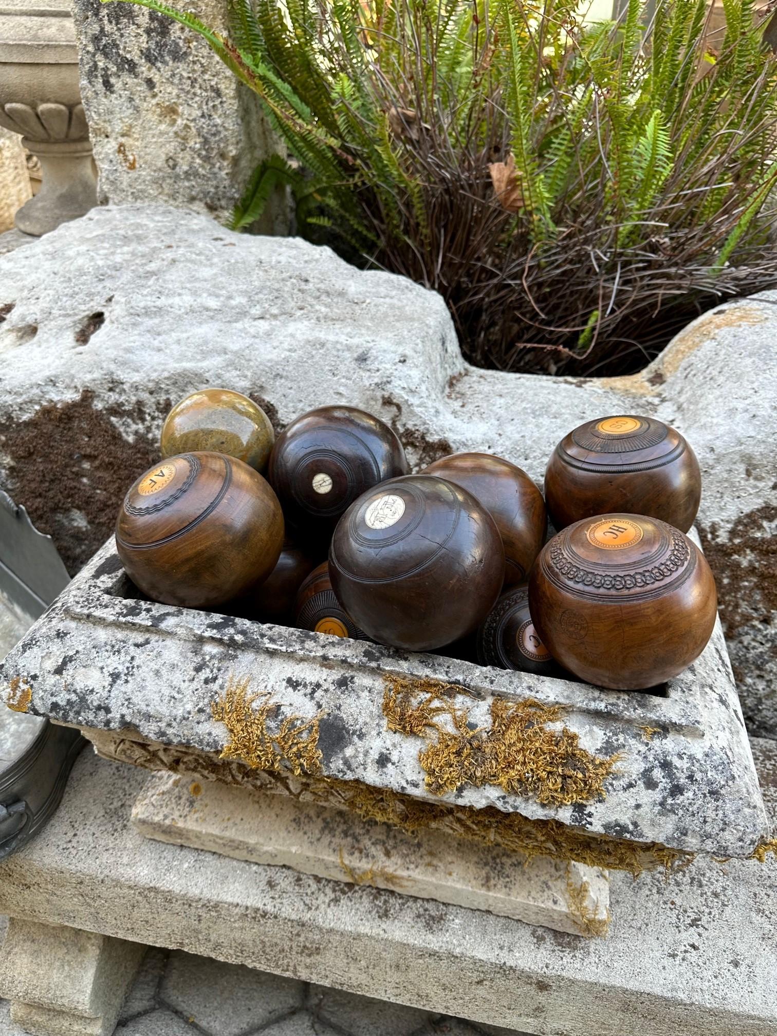 10 Carpet Lawn Bowling Hand Carved Wood and Stone Balls Antique Office ...
