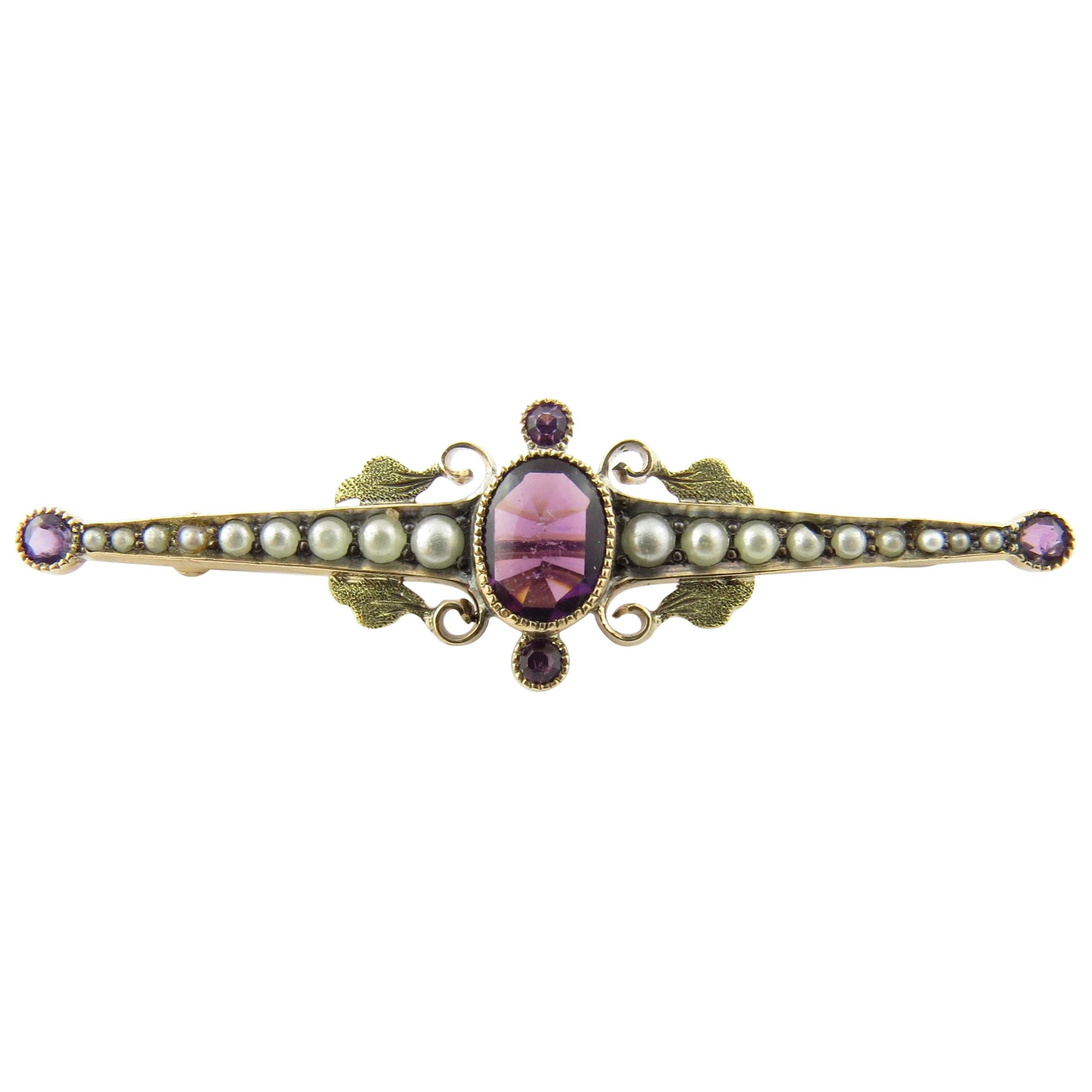 10 Karat Yellow Gold Amethyst and Pearl Pin or Brooch at 1stDibs