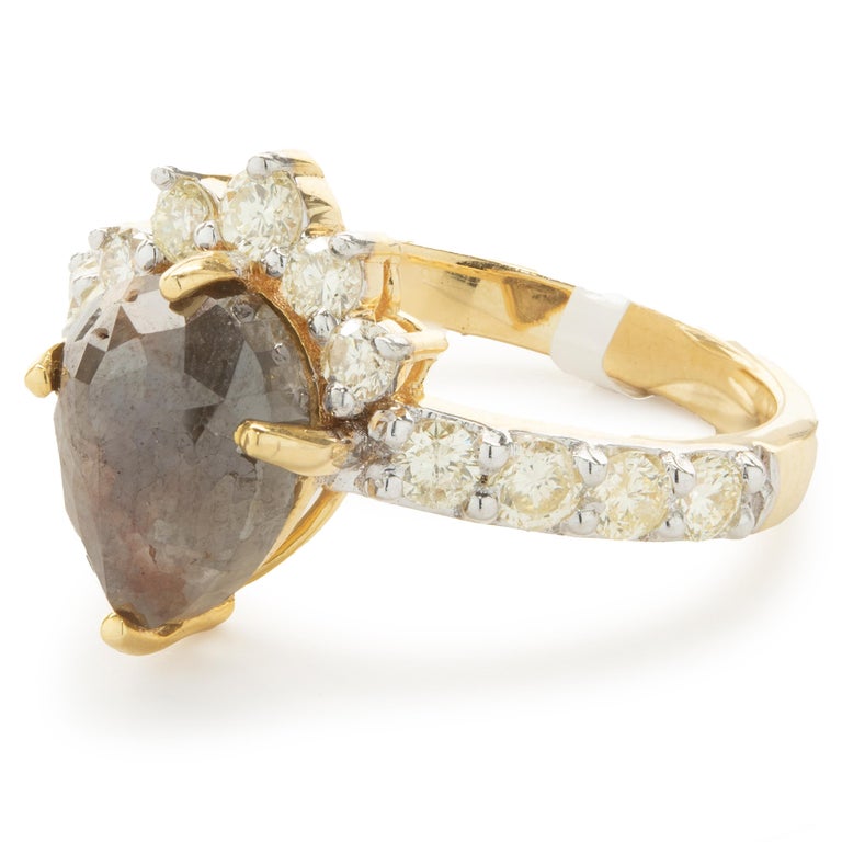10 Karat Yellow Gold Pear Shape Galaxy Diamond Ring with Crown Halo For ...