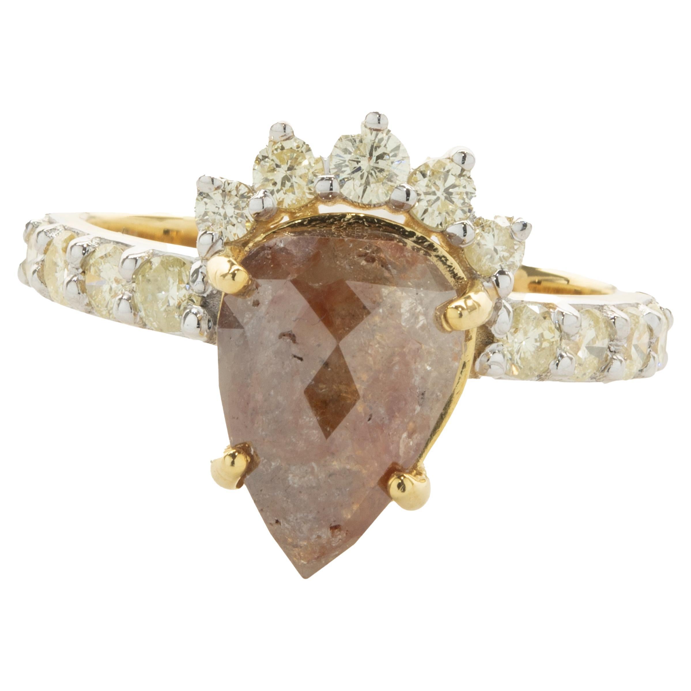 10 Karat Yellow Gold Pear Shape Galaxy Diamond Ring with Crown Halo For ...