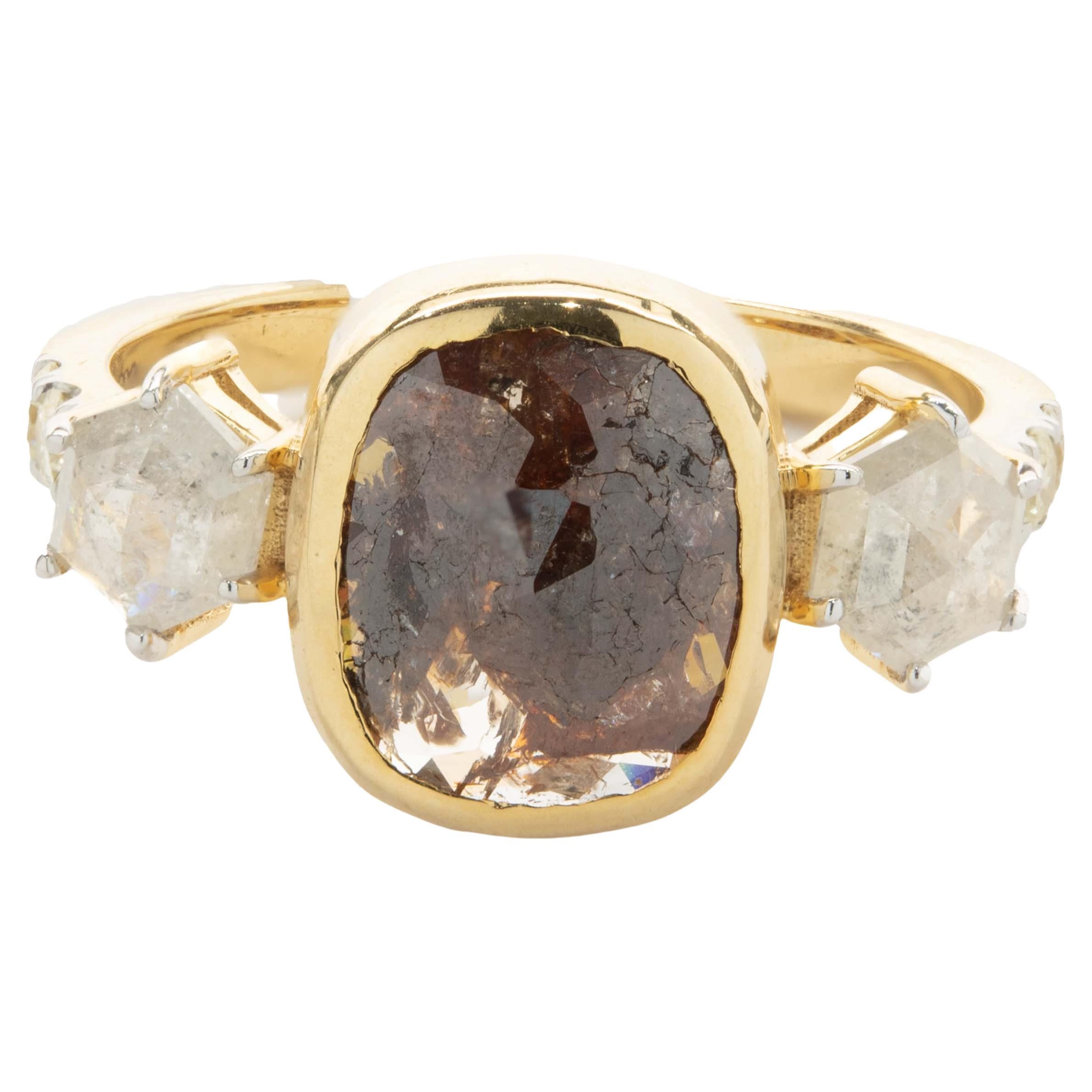 10 Karat Yellow Gold Three Stone Bezel Set Diamond Ring For Sale at 1stDibs