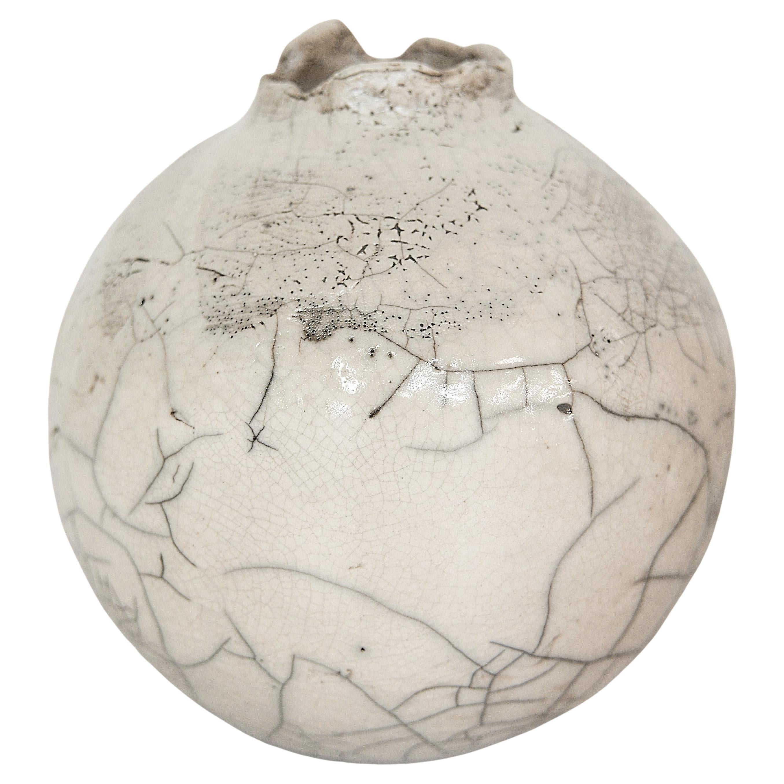 Raku White Crackle Moon Vase Handmade For Sale at 1stDibs