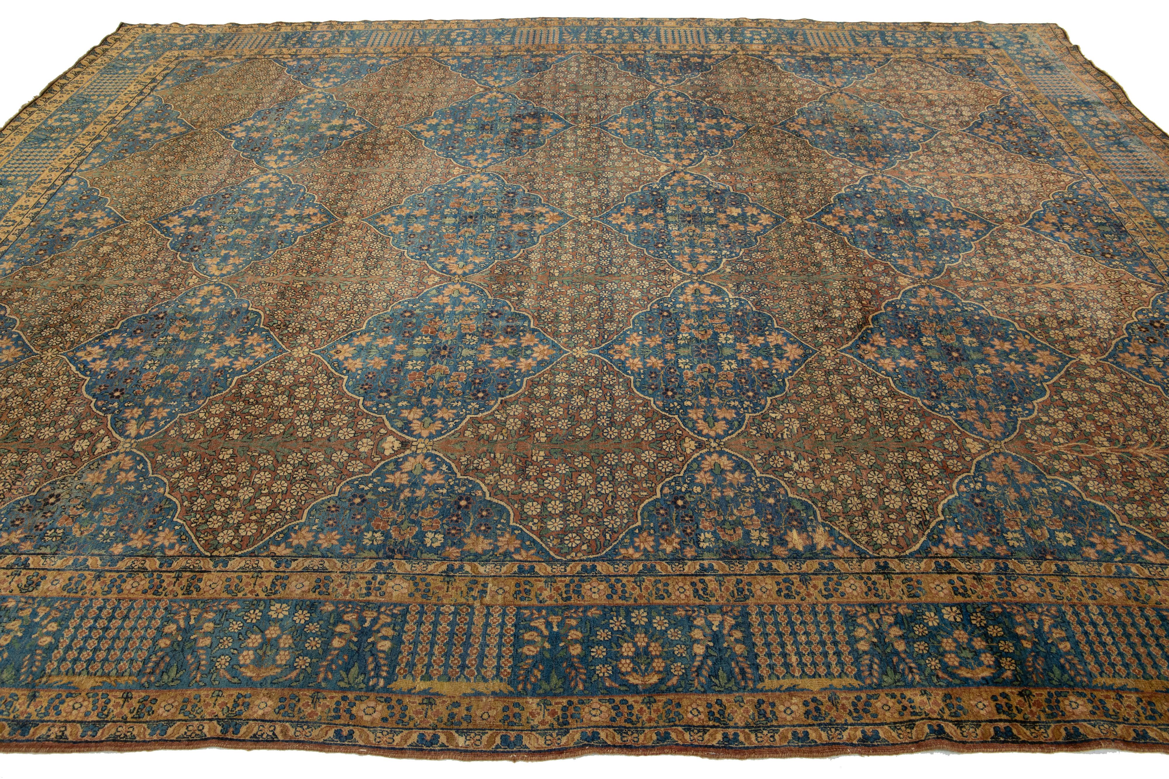 10 X 13 One of the Kind Antique Kerman Persian Designed Wool Rug in Tan ...