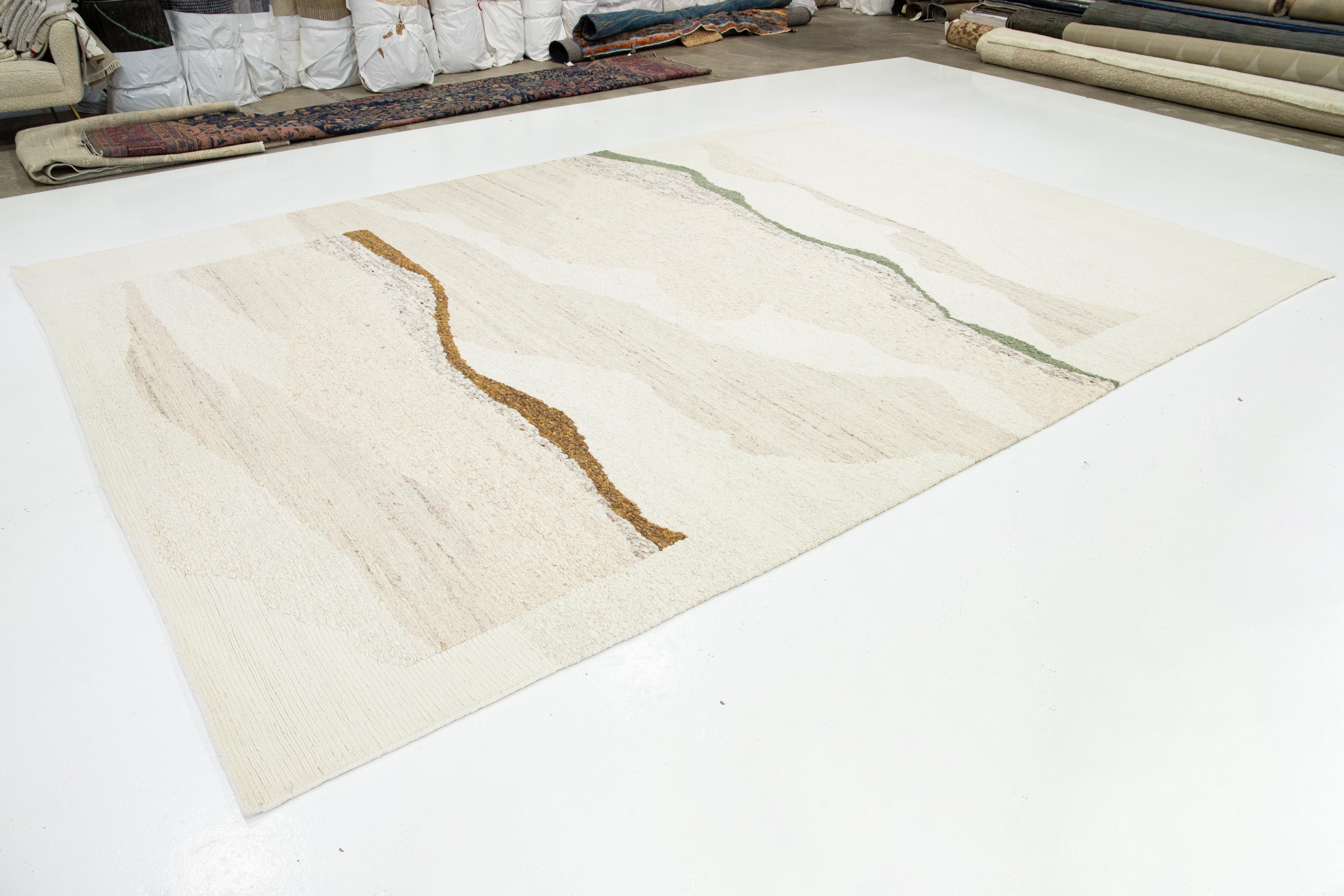 10 x 14 Contemporary Handmade In Ivory Soumak Wool Rug For Sale at 1stDibs