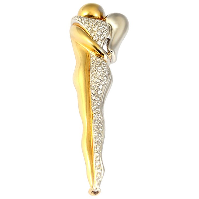 100% Authentic Erte Solid 18K Two-Tone Gold Man and Woman Diamond Pin ...