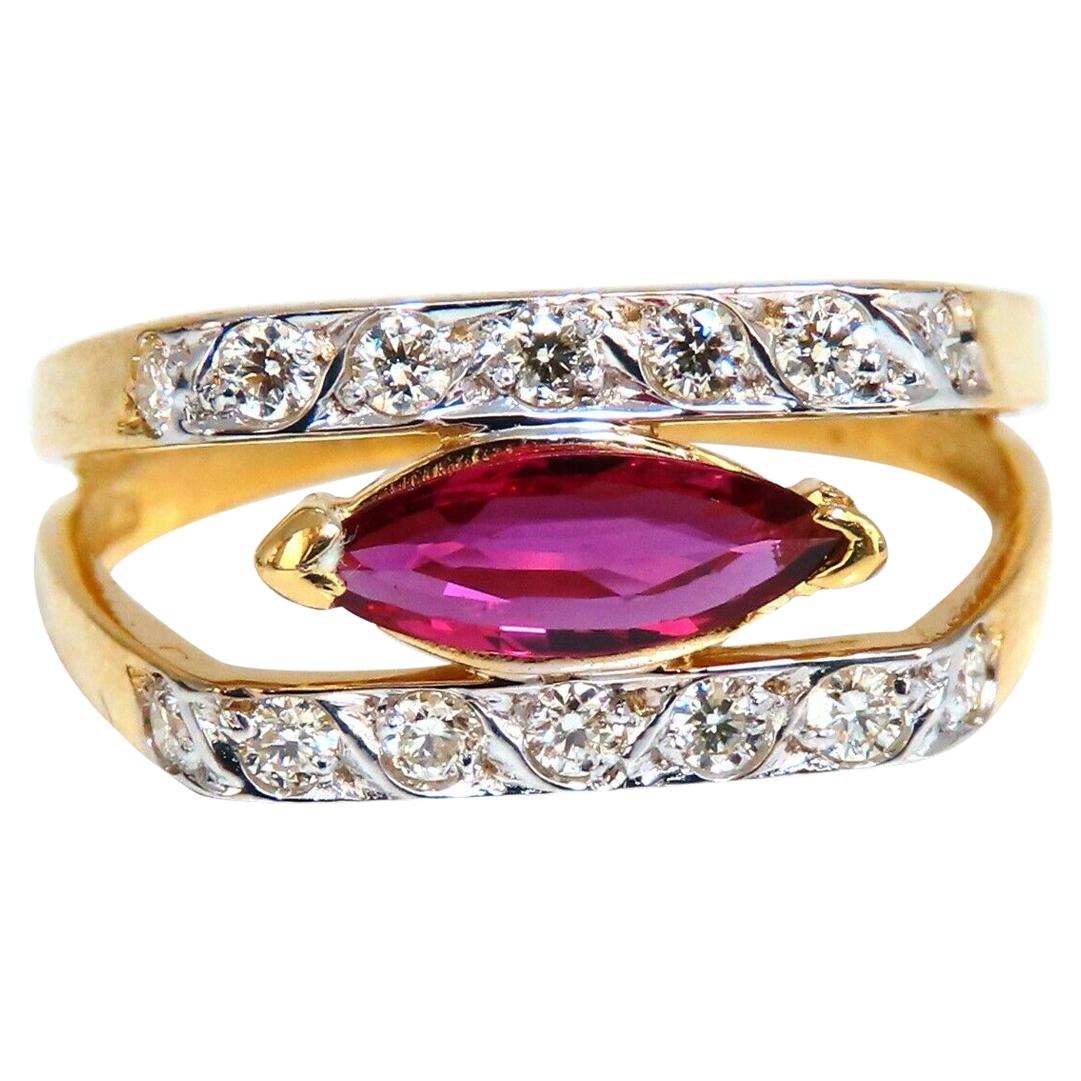 1.00 Carat Natural Ruby Marquise Ring 14 Karat Gold Mod Split Shank Sandwich For Sale at 1stDibs