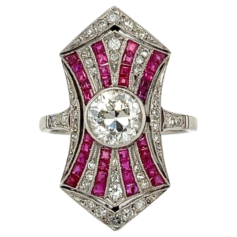 1.00 Carat OEC Diamond Ruby and Diamond Art Deco Revival Platinum Ring ...