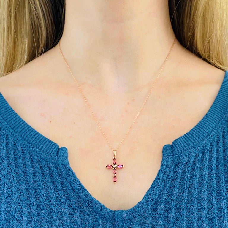 1.00 Carat Pink Tourmaline and Diamond Cross Necklace, Rose Gold ...