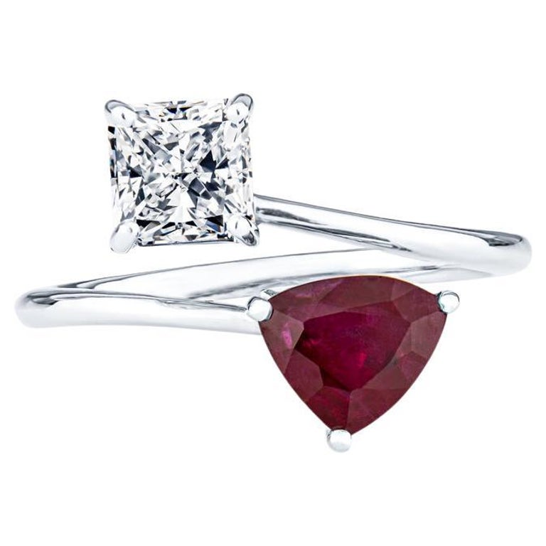 1.00 Carat Radiant Cut Diamond and 1.16 Trillion Cut Ruby Toi et Moi ...