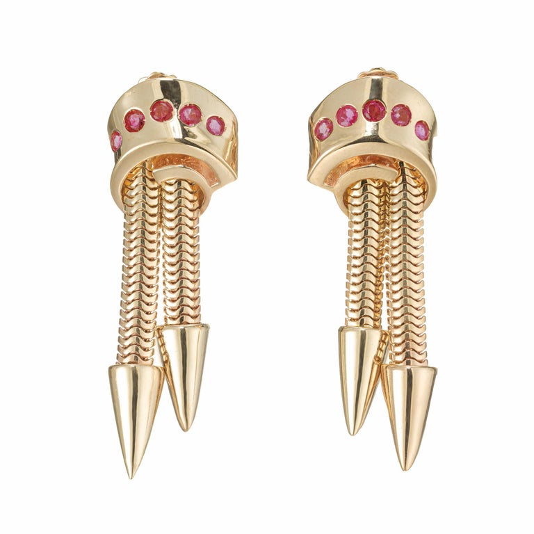 1.00 Carat Ruby Yellow Gold Dangle Earrings For Sale at 1stDibs