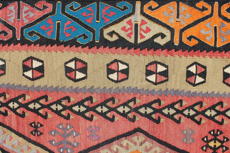 100% Wool Handwoven Turkish Kilim with Red, Blue and Orange Accents at ...