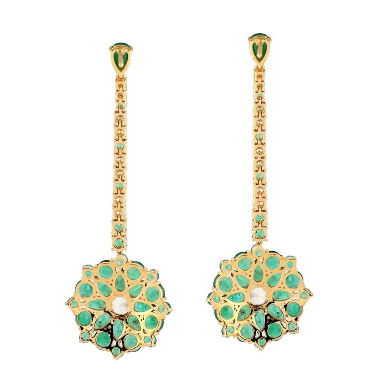 10.05 Carats Emerald Diamond 14 Karat Gold Linear Floral Earrings For ...