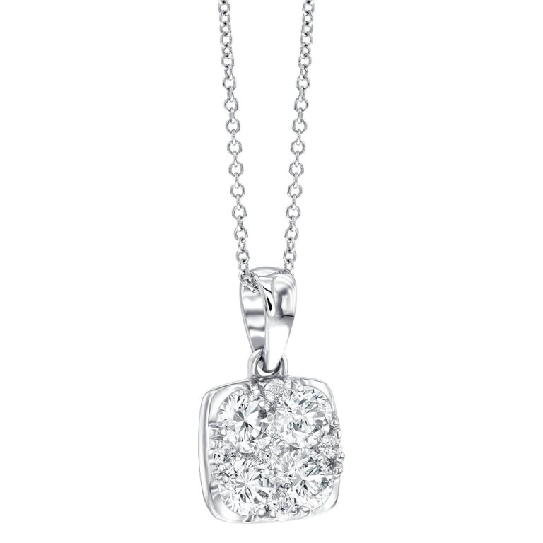 1.00CT Cushion Cut Round White Diamond Cluster 18Karat White Gold Chain ...