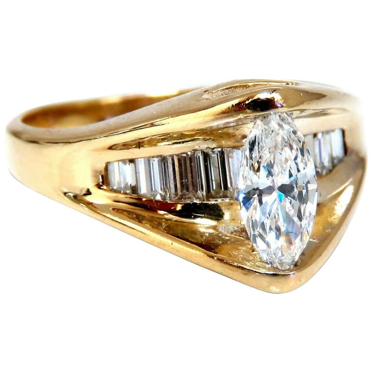 1.00Ct Natural Marquise Diamond Ring 14 Karat Gold Bypass Baguette ...