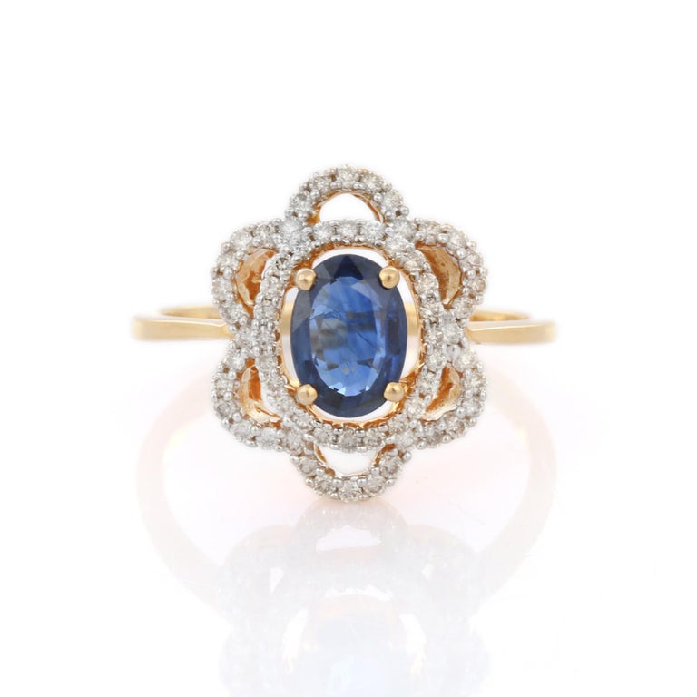 Customizable 1.01 Ct Oval Blue Sapphire and Diamond Flower Wedding Ring ...