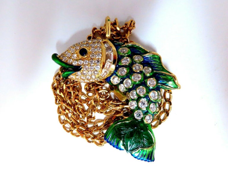 10.12 Carat Natural Sapphire Emerald and Diamonds Enamel Fish Pendant ...