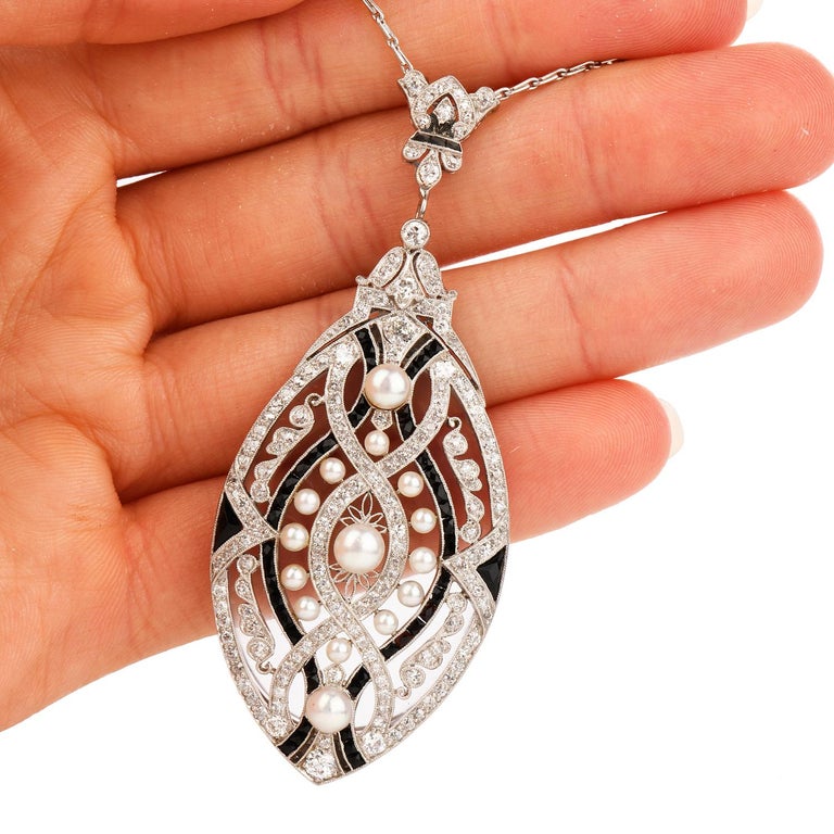 1920s Art Deco Diamond Pearl Onyx Platinum Locket Pendant Chain ...