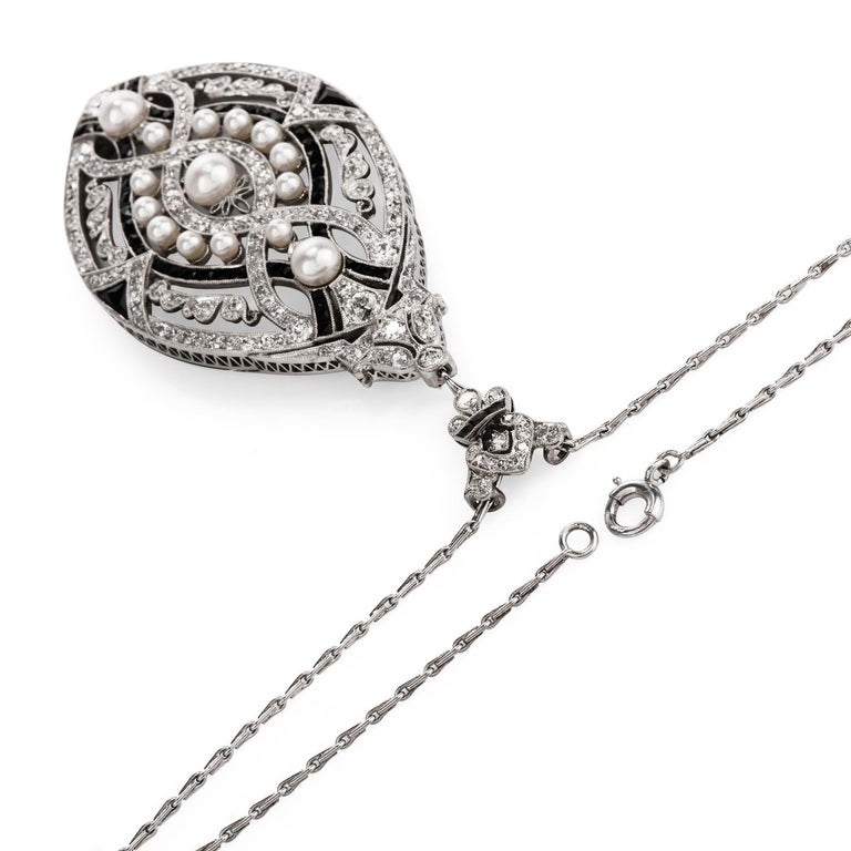 1920s Art Deco Diamond Pearl Onyx Platinum Locket Pendant Chain ...