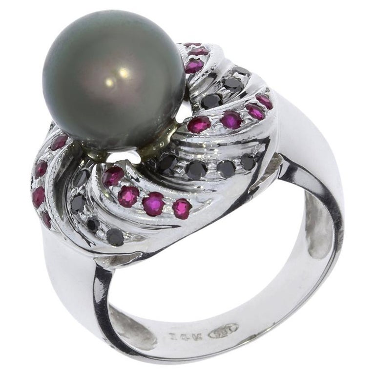 Black Tahitian Pearl, Ruby and Diamond 14K Ring For Sale at 1stDibs