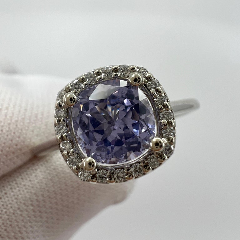 1.02ct Vivid Lilac Purple Spinel and Diamond 18k White Gold Cushion Cut ...