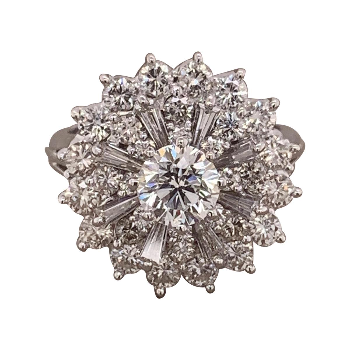 Midcentury Diamond Cluster Swirl Platinum Ring at 1stDibs