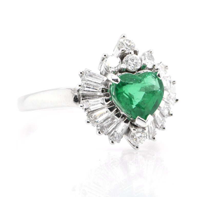 1.03 Carat Natural Heart Shape Emerald and Diamond Ring Set in Platinum ...