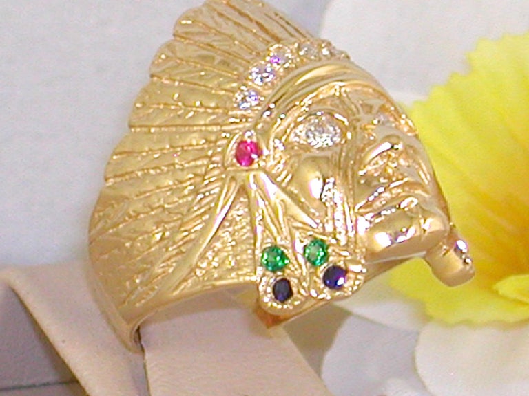 1.05 Carat 18 Karat Yellow Gold Diamond Ruby Emerald Indian Head Men’s ...