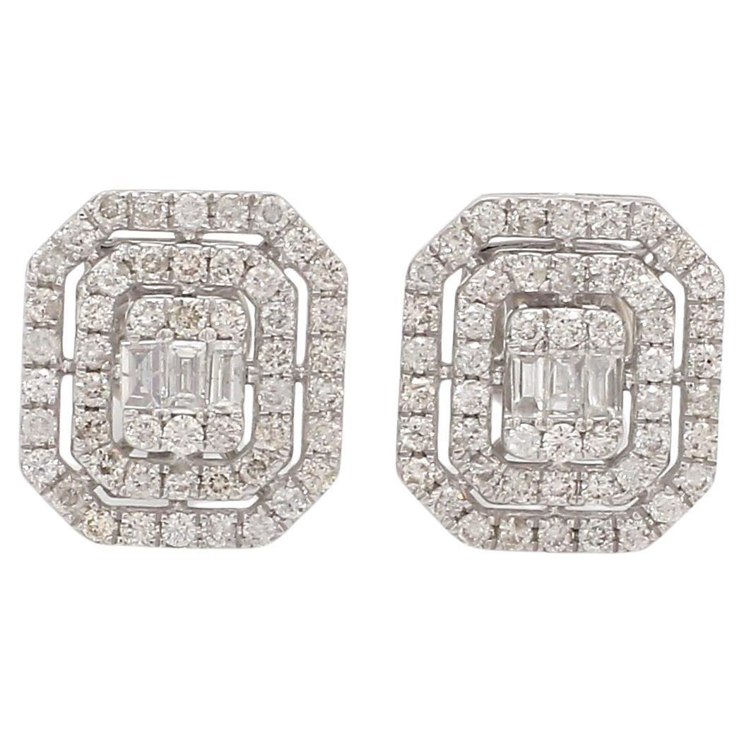 Baguette and Round Diamond Stud Earrings 18 Karat White Gold Handmade Fine Jewelry For Sale at ...