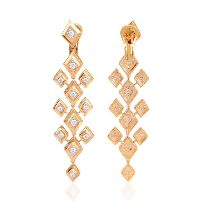 1.05 Carat Diamond Square Design Dangle Earrings 18 Karat Yellow Gold ...