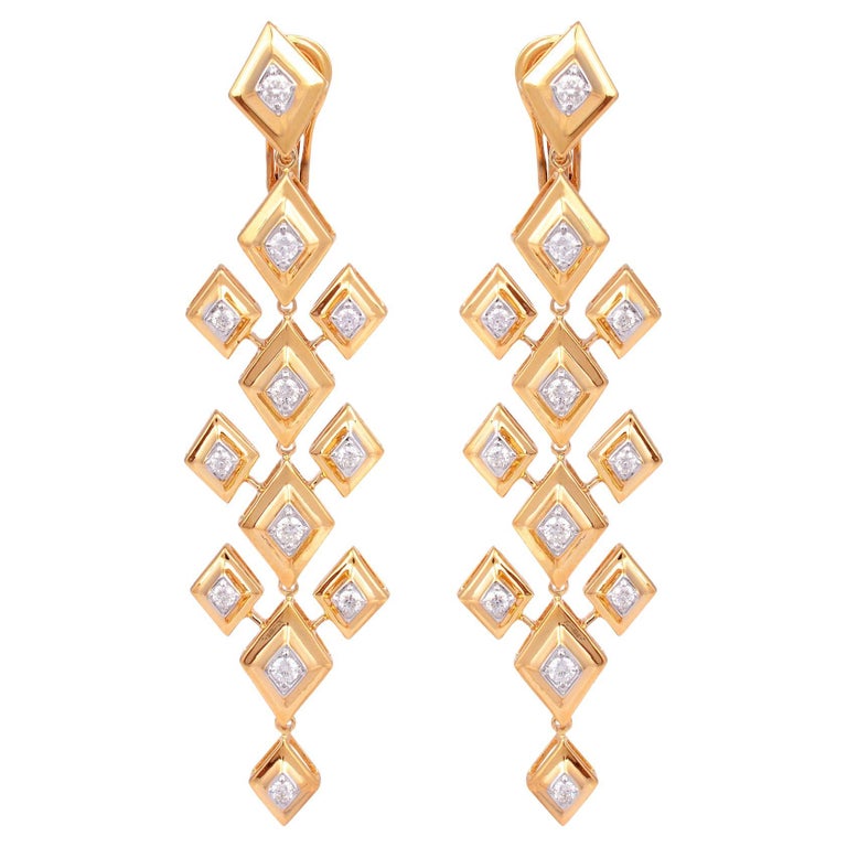 1.05 Carat Diamond Square Design Dangle Earrings 18 Karat Yellow Gold ...