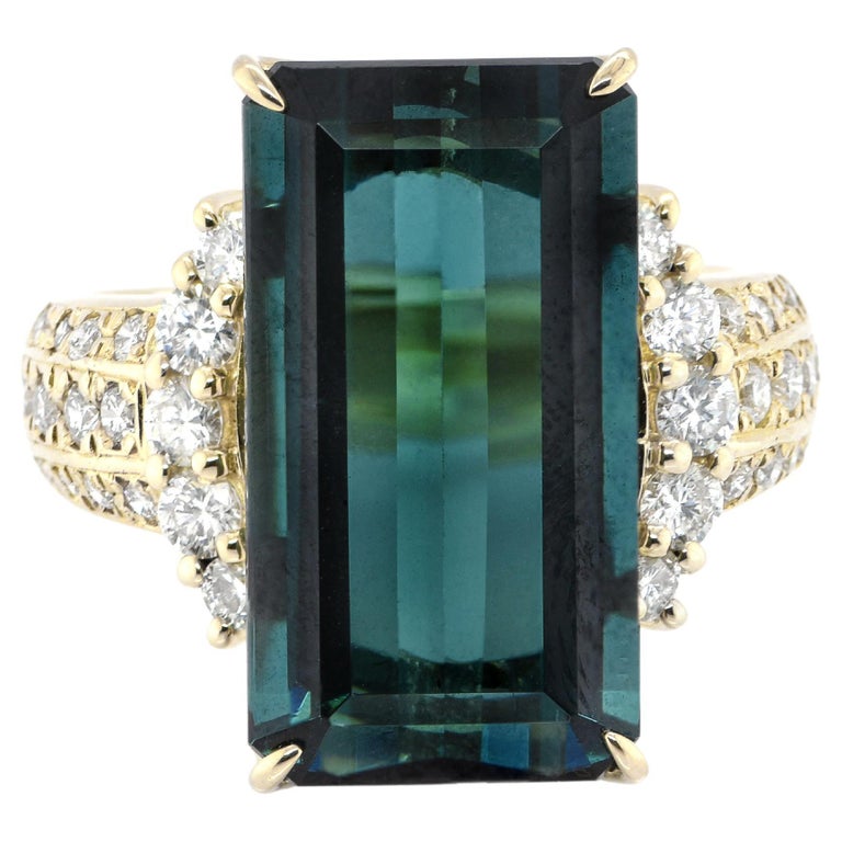 10.56 Carat Natural Indicolite Tourmaline and Diamond Ring Set in Gold ...