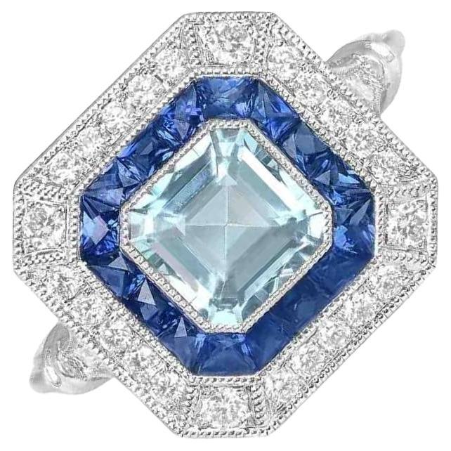 1.97ct Asscher Cut Aquamarine Engagement Ring, Diamond and Sapphire ...