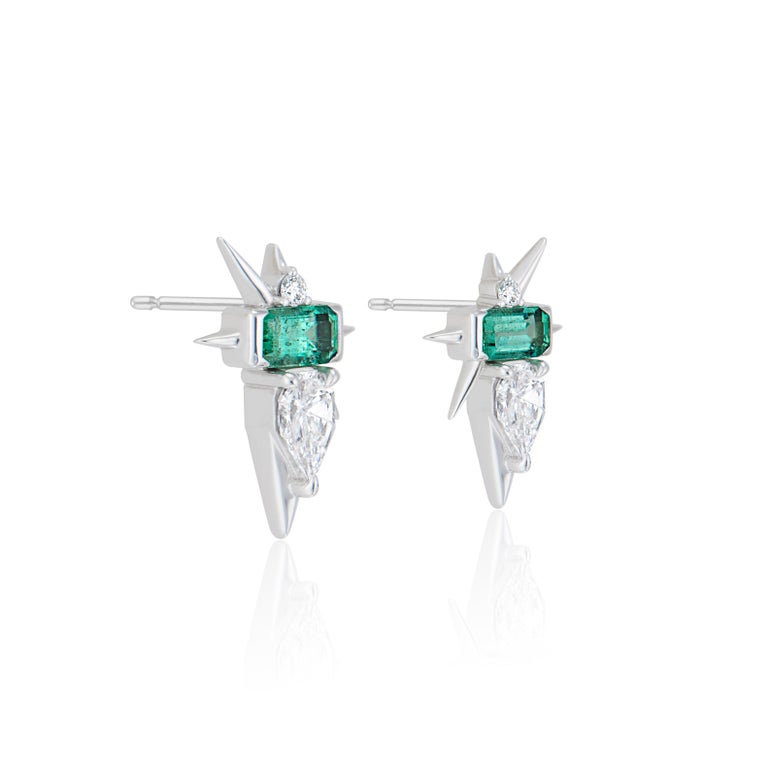 1.05ct Emerald and Diamond Spike Earrings in 14k White Gold For Sale at ...
