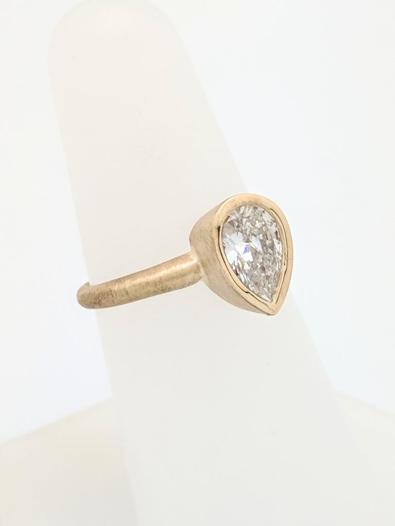 1.06ct. Natural Pear Diamond Bezel Set in 14K Yellow Gold Brushed ...