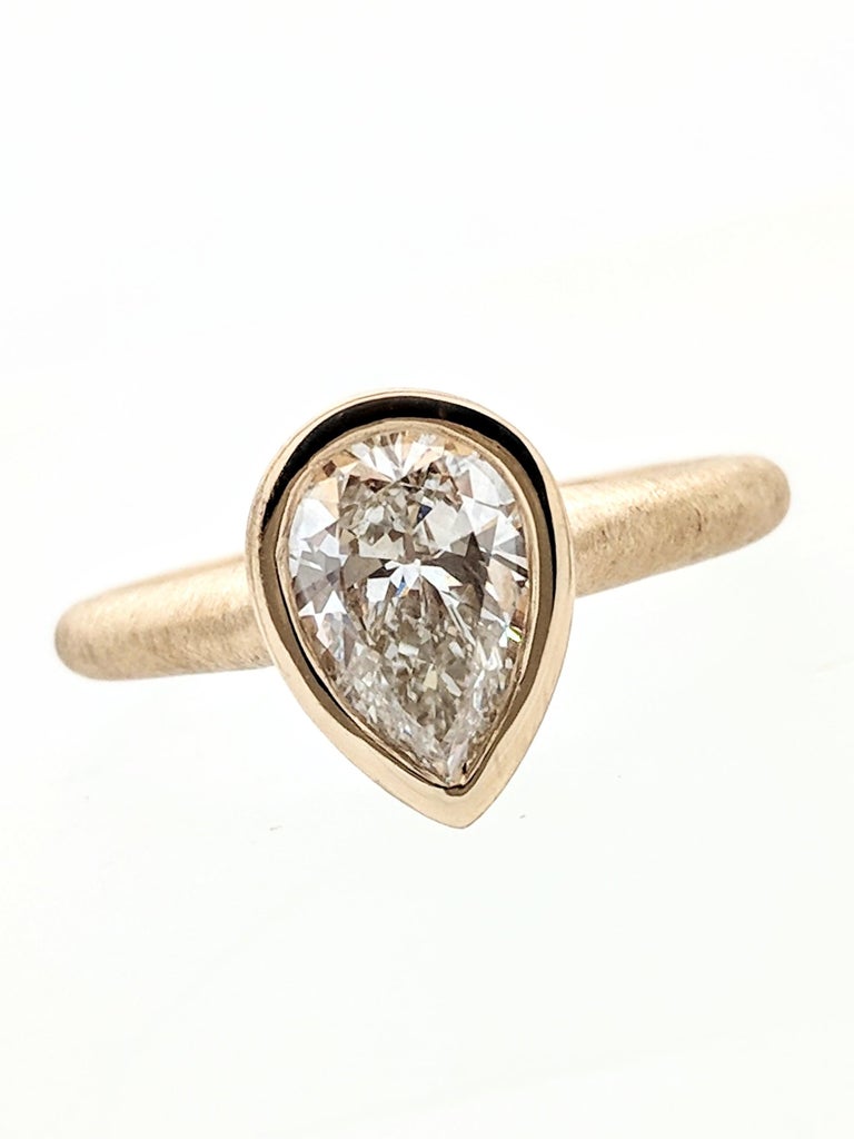 1.06ct. Natural Pear Diamond Bezel Set in 14K Yellow Gold Brushed ...