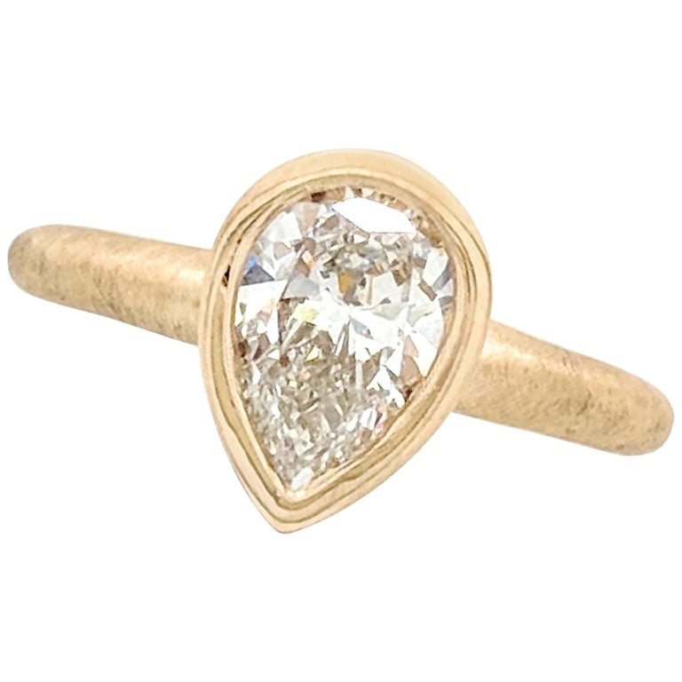 1.06ct. Natural Pear Diamond Bezel Set in 14K Yellow Gold Brushed ...