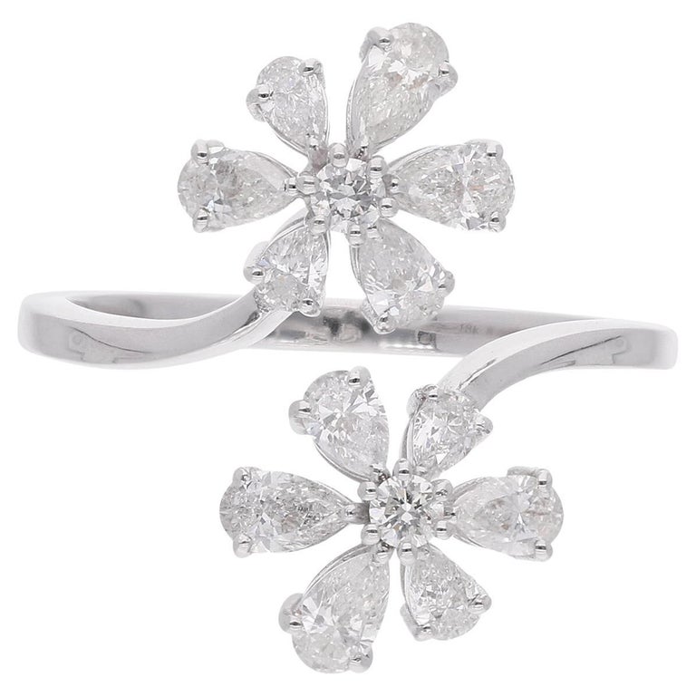 1.08 Carat Pear Diamond Flower Ring 18 Karat White Gold Handmade Fine ...