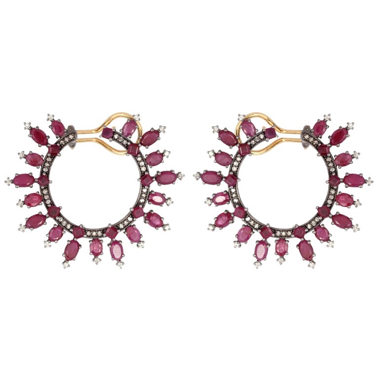 10.9 Carat Ruby Hoop Diamond Earrings For Sale at 1stDibs