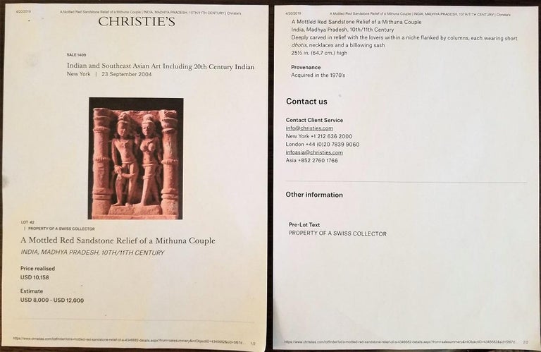 10th Century Red Sandstone Relief of a Mithuna Couple For Sale at 1stDibs